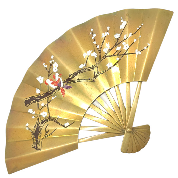 Accents | Vtg Solid Brass Oriental Style Hand Fan Enamel Painted Birds ...